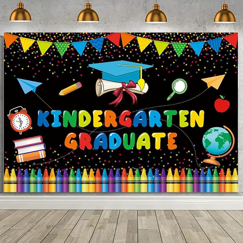 Kindergarten Graduate Backdrop Black Preschool Graduate Background Banner Colorful Kids ...