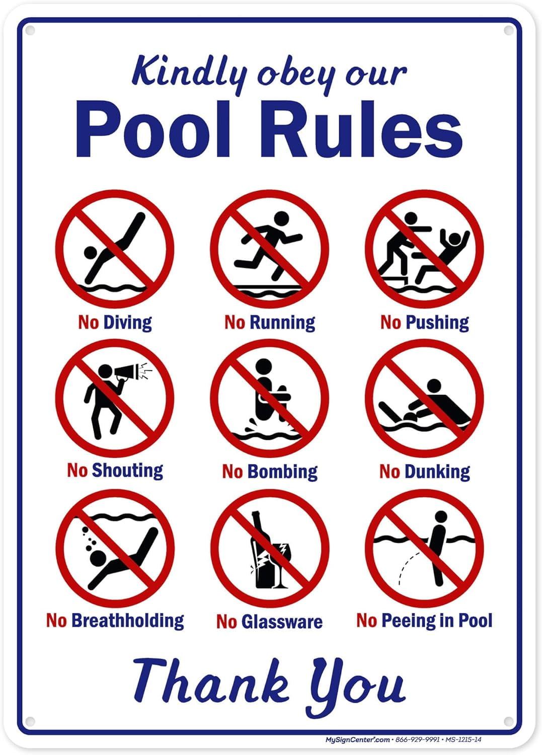 Kindly Obey Our Pool Rules Sign, 10x14 Inches, 55 mil thick HDPE (high ...