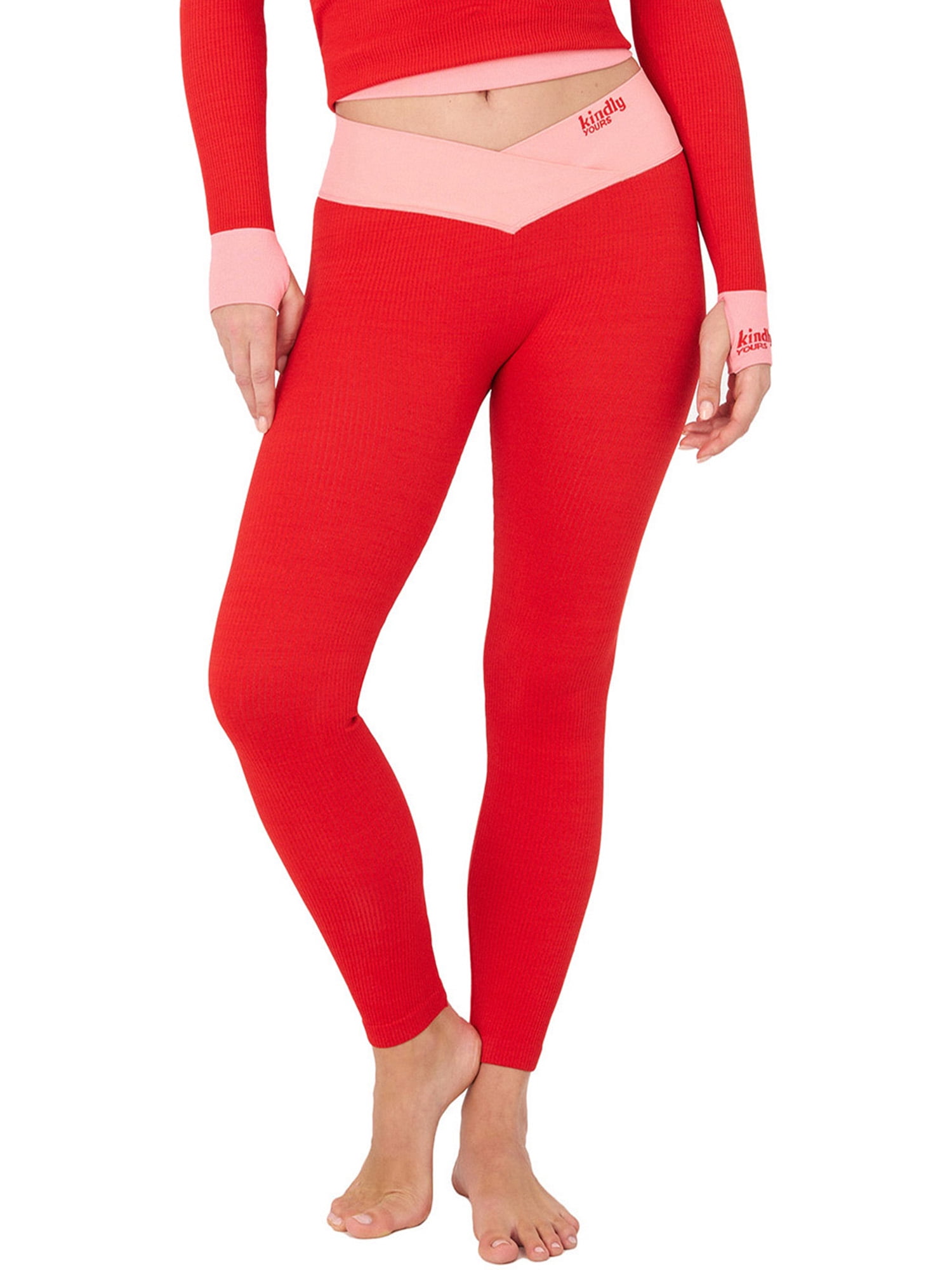 Kindly Yours Womens Sustainable Seamless Ribbed Crossover Waist Thermal Leggings Up To Size