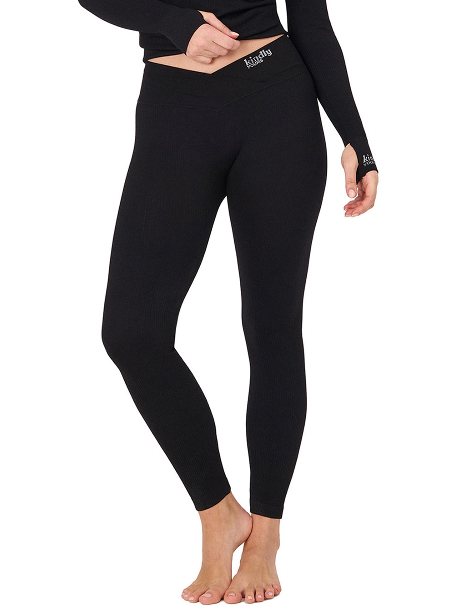 Kindly Yours Womens Sustainable Seamless Ribbed Crossover Waist Thermal Leggings Up To Size