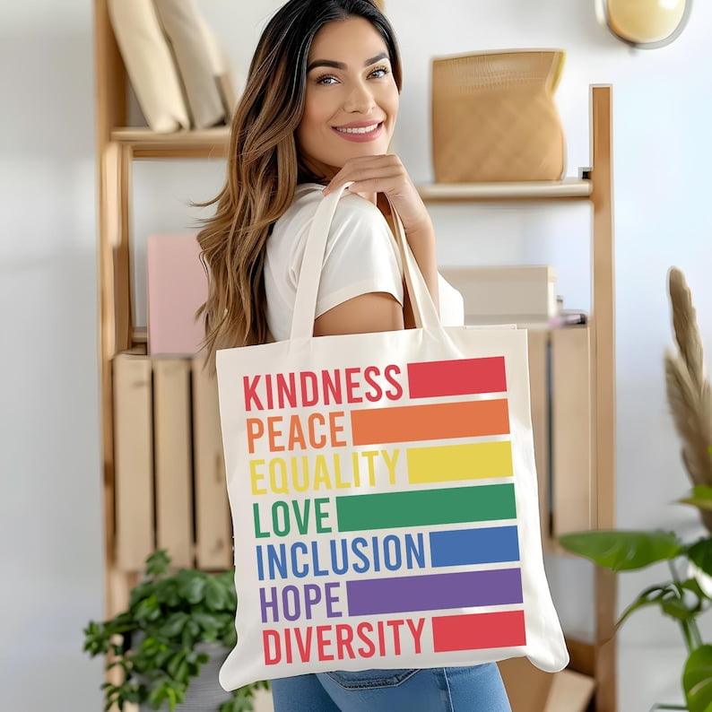 Kindness Peace Equality Tote Bag | Rainbow Pride Canvas Bag | LGBTQ ...
