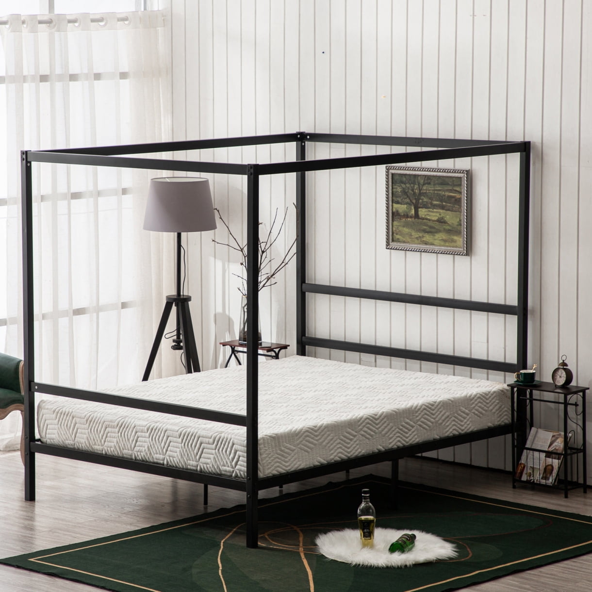 Kine Size Metal Canopy Bed, Square Tube Four-Poster Canopied Bed with ...