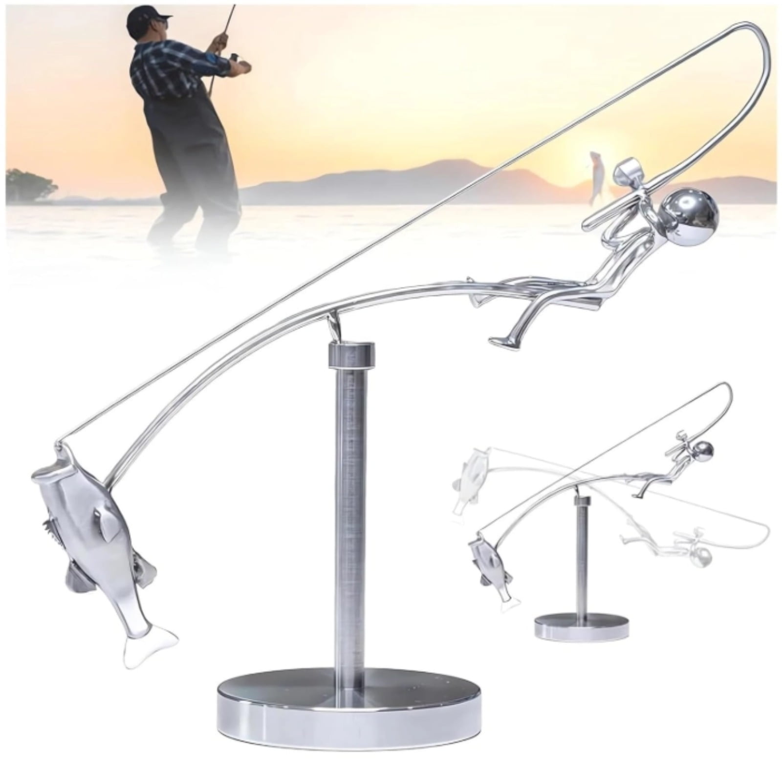 Kinetic Fishing Sculpture - Balance Art for Your Space, Fisherman Kinetic Balancing Desk Toy ...