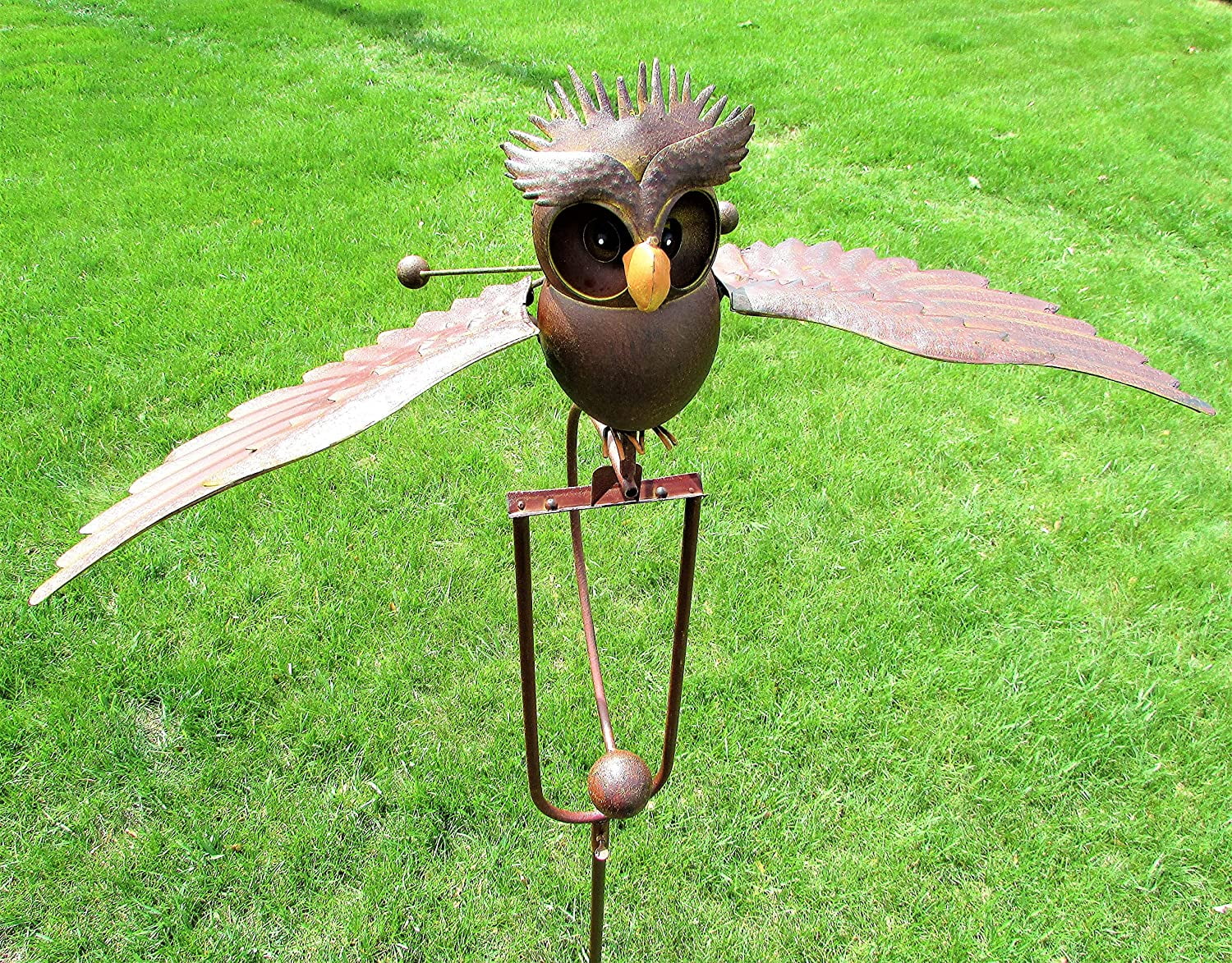 Large Kinetic Metal Brown Owl, Wind Spinner Garden Art & Yard Stake ...