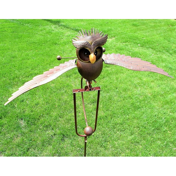 Large Kinetic Metal Brown Owl, Wind Spinner Garden Art & Yard Stake ...