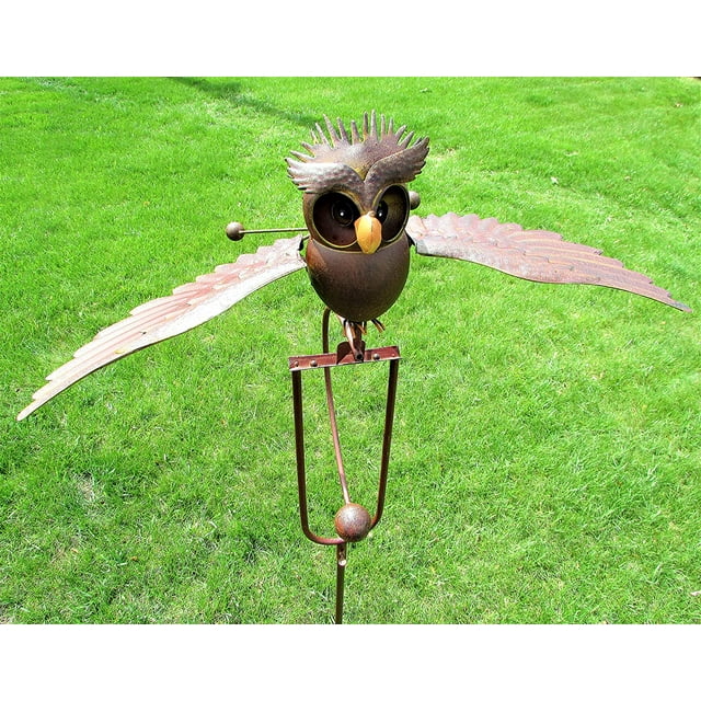 Large Kinetic Metal Brown Owl, Wind Spinner Garden Art & Yard Stake ...