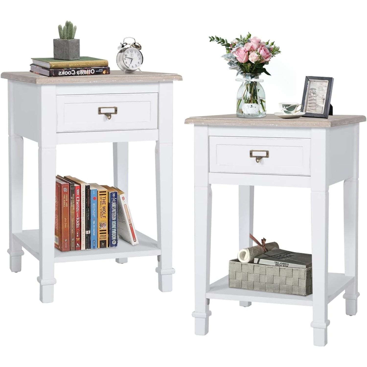 Kinfant Farmhouse End Tables Nightstands White Set of 2 - Rustic Wooden ...