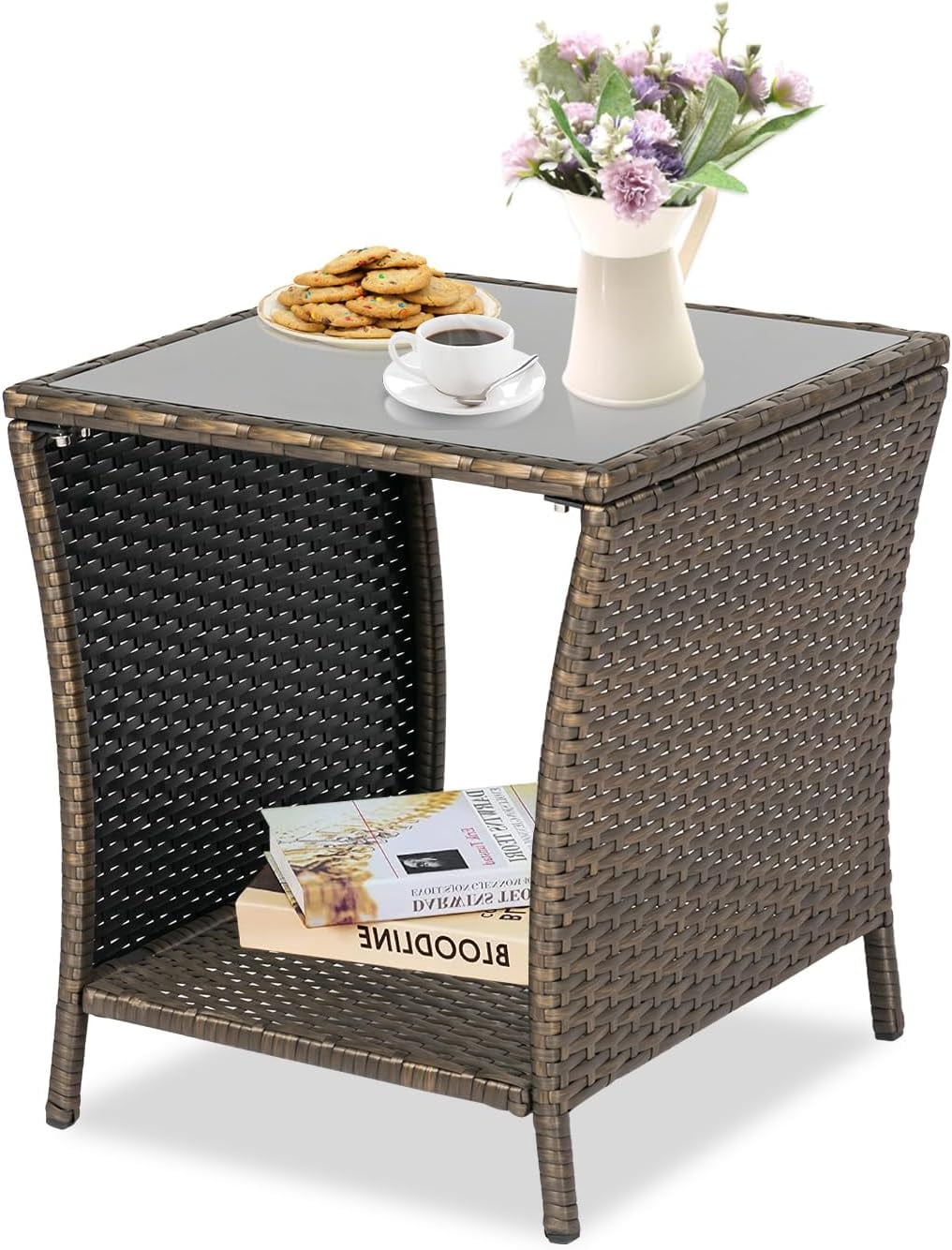 Kinfant Outdoor Wicker Side Table - Patio Square End Table with Steel ...