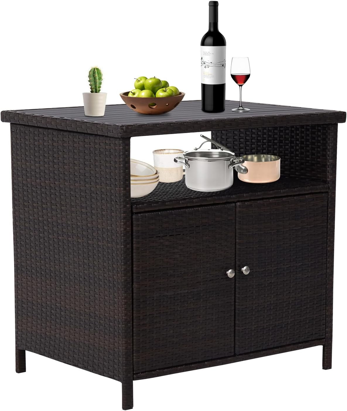 Kinfant Outdoor Wicker Storage Cabinet, Patio Bar Table with Two Doors ...