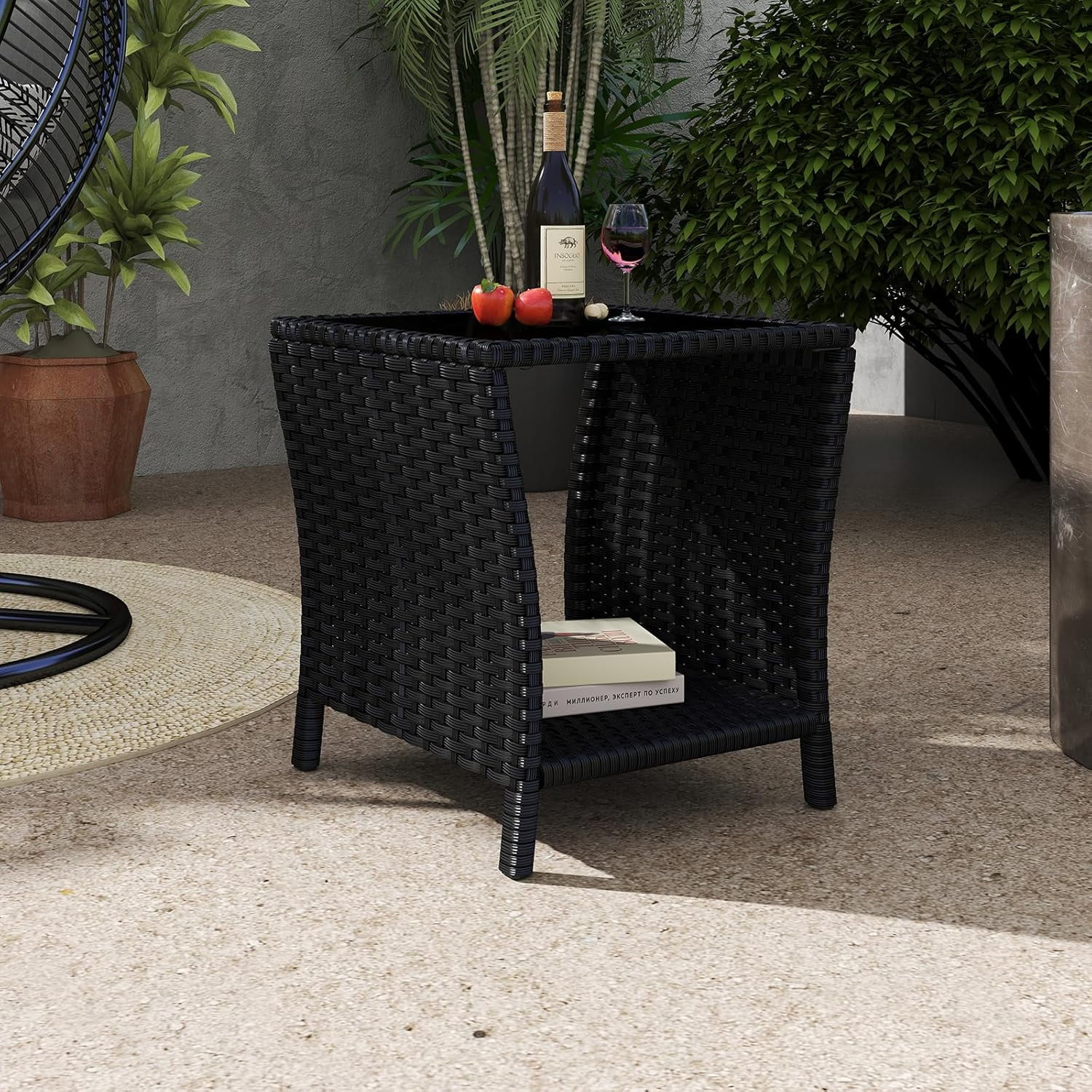 Kinfant Rattan Patio Side Table - Modern Wicker End Table, PE Rattan ...
