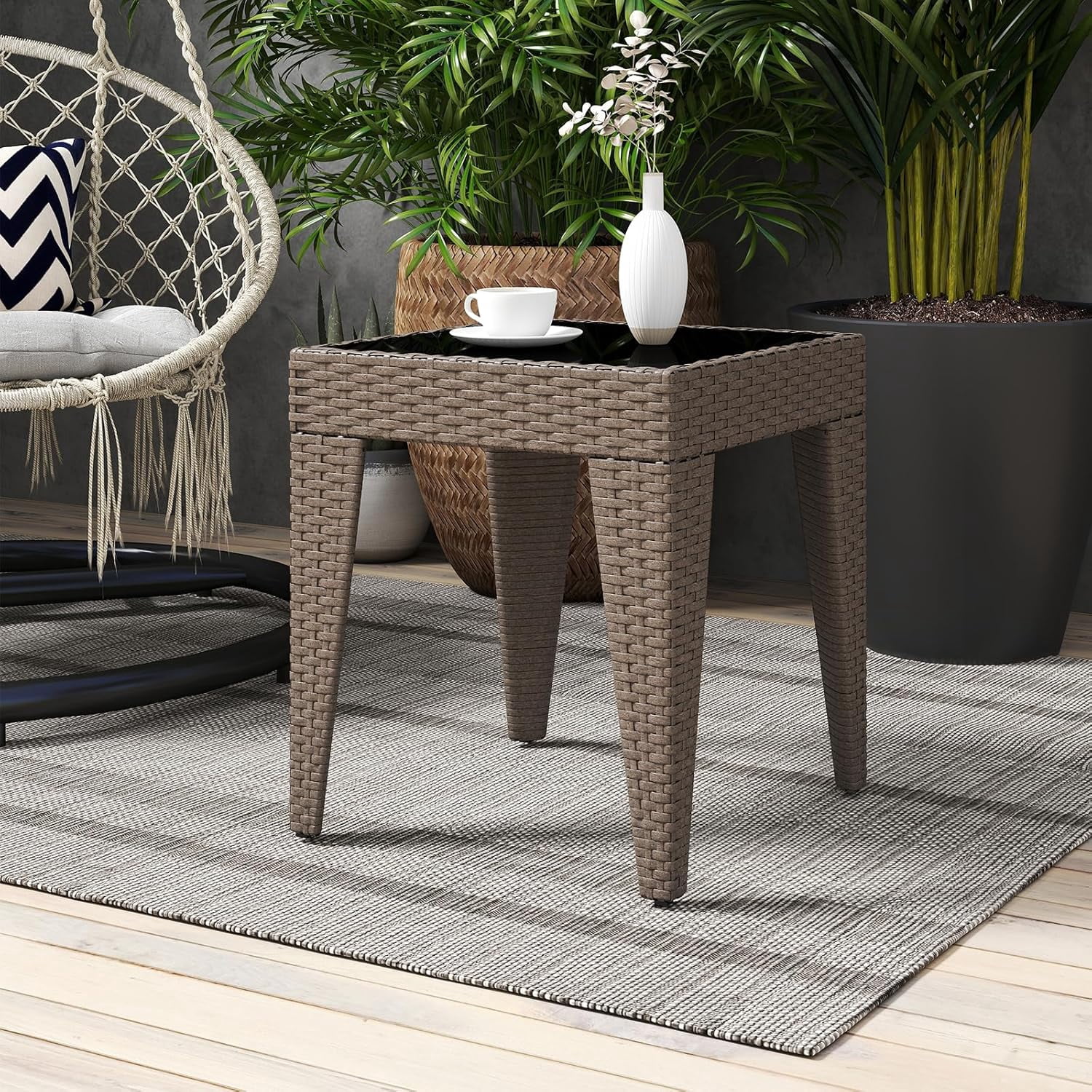 Kinfant Rattan Patio Side Table - Modern Wicker End Table, PE Rattan ...