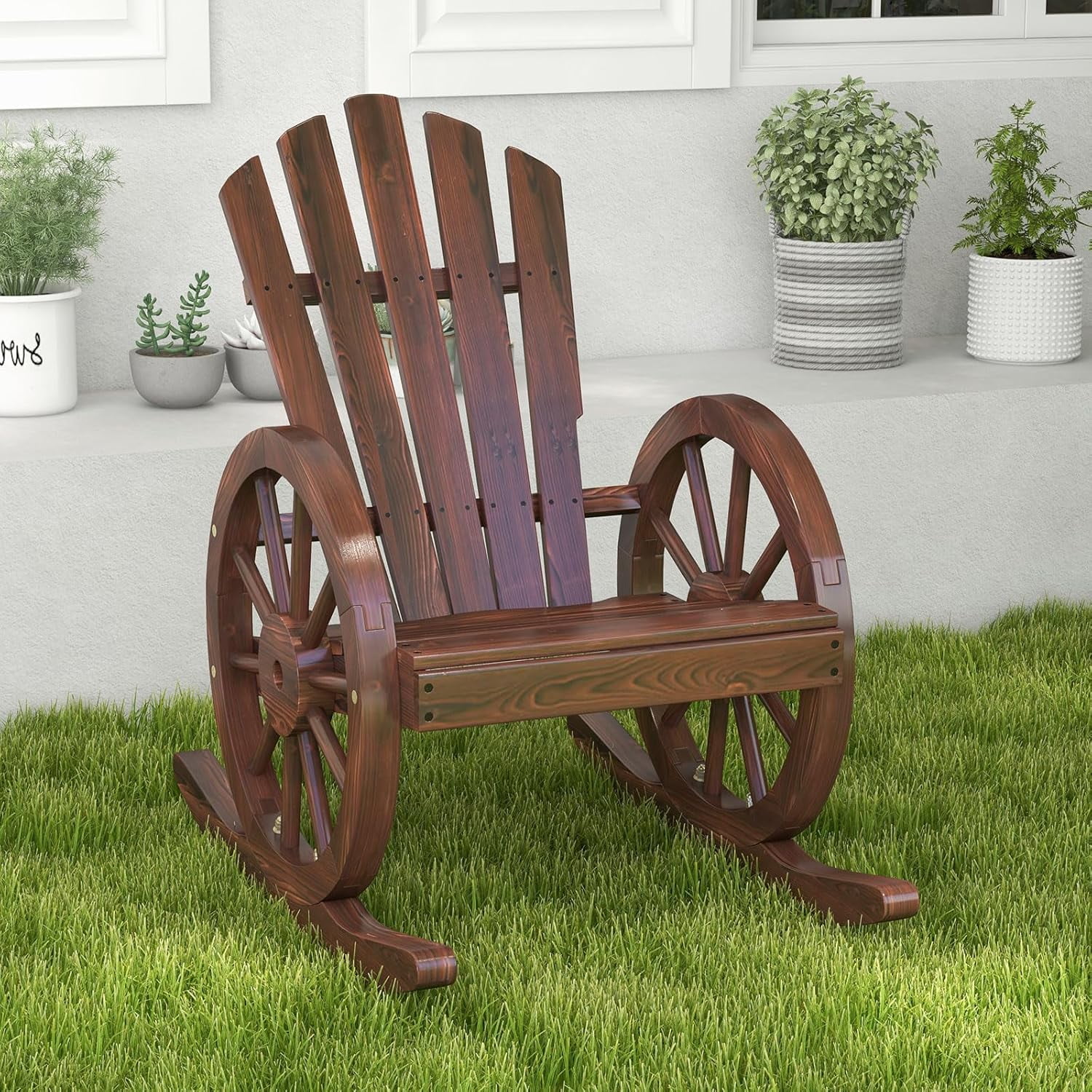 Kinfant Wooden Wagon Chair - Outdoor Rocking Set with Wheel Armrest for ...