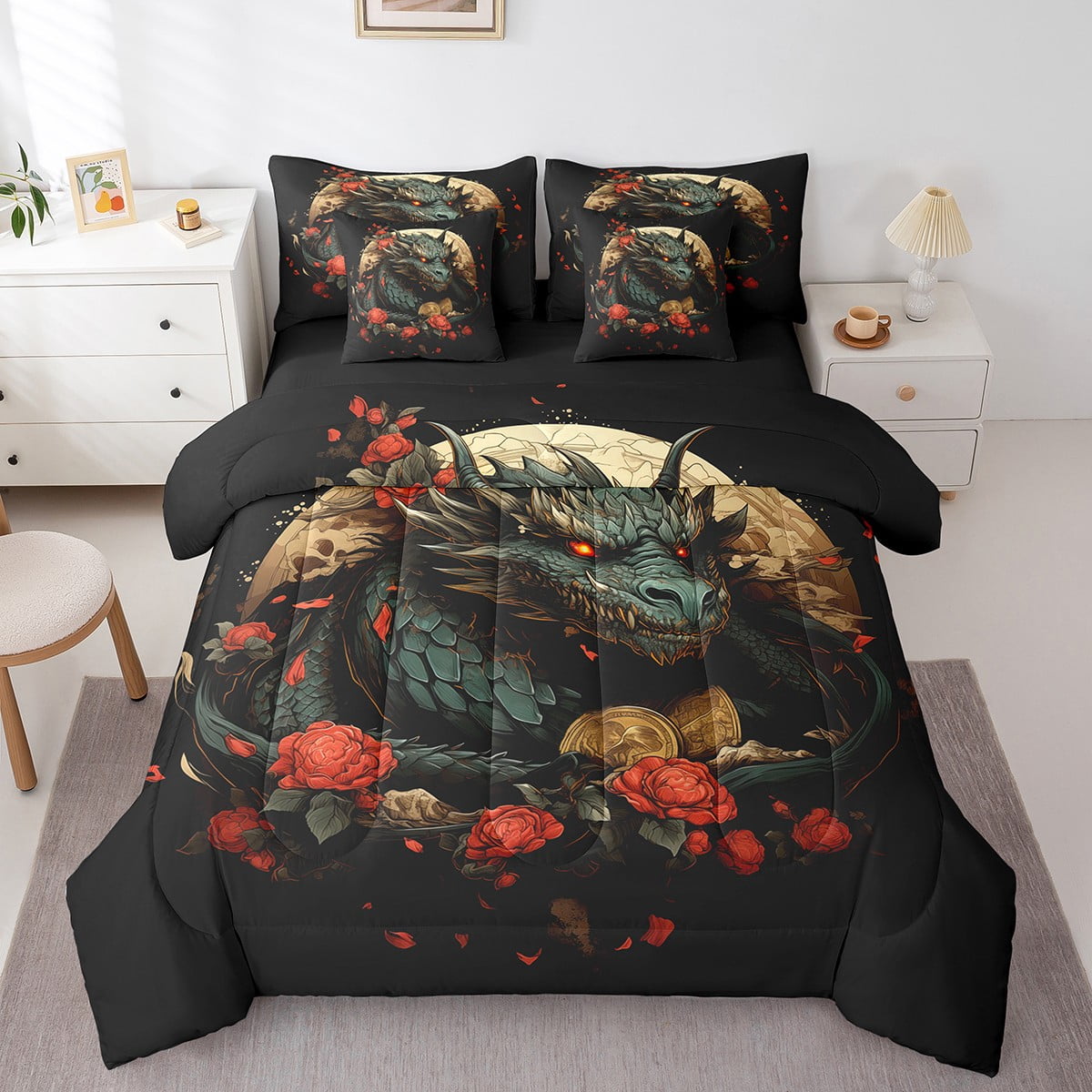 King 3D Dragon Comforter Sets 7-Piece,Red Rose Floral Bedding Set with ...