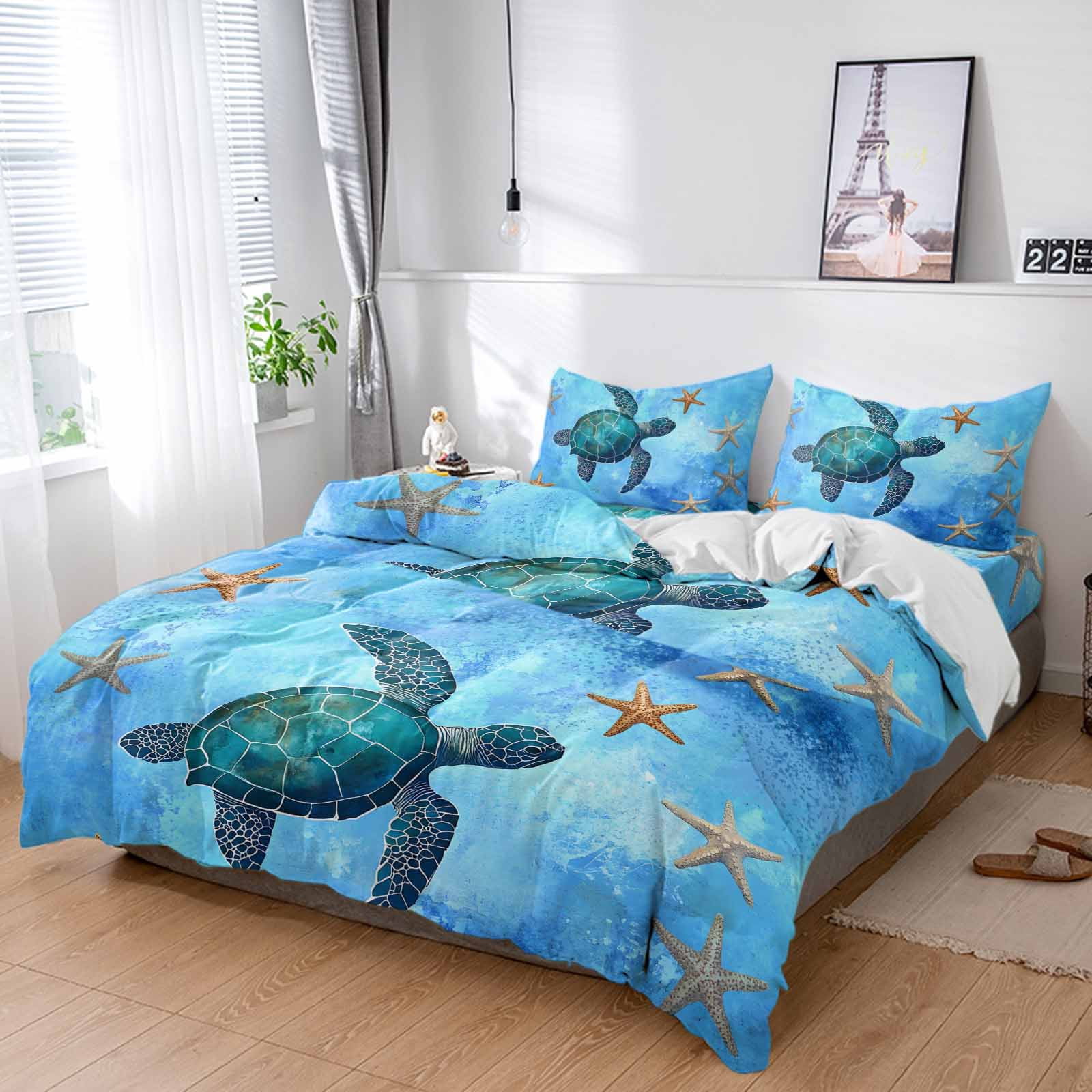 King 4 Piece Bedding Set Retro Ocean Sea Turtle Starfish on Blue Soft ...