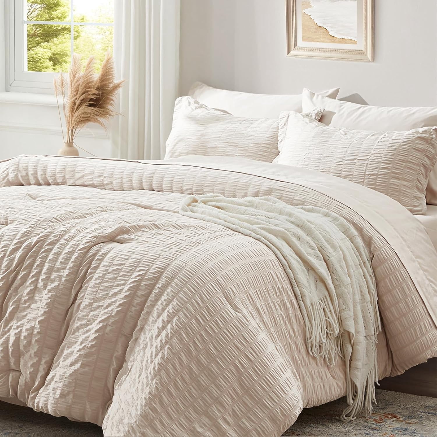 King 7-Piece Seersucker Comforter Set - Beige All Season Bedding with ...