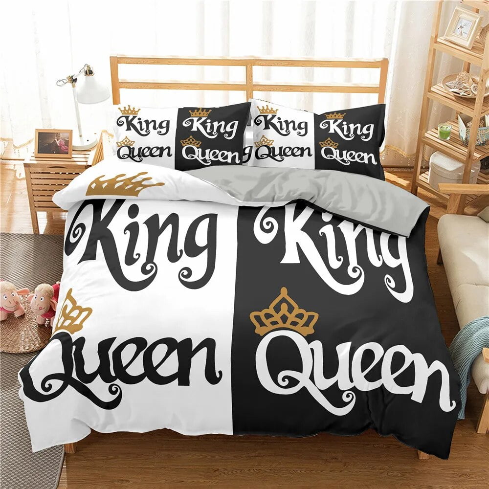 King And Duvet Cover Set Microfiber Crown Lettering 2/3 Piece Bedding ...