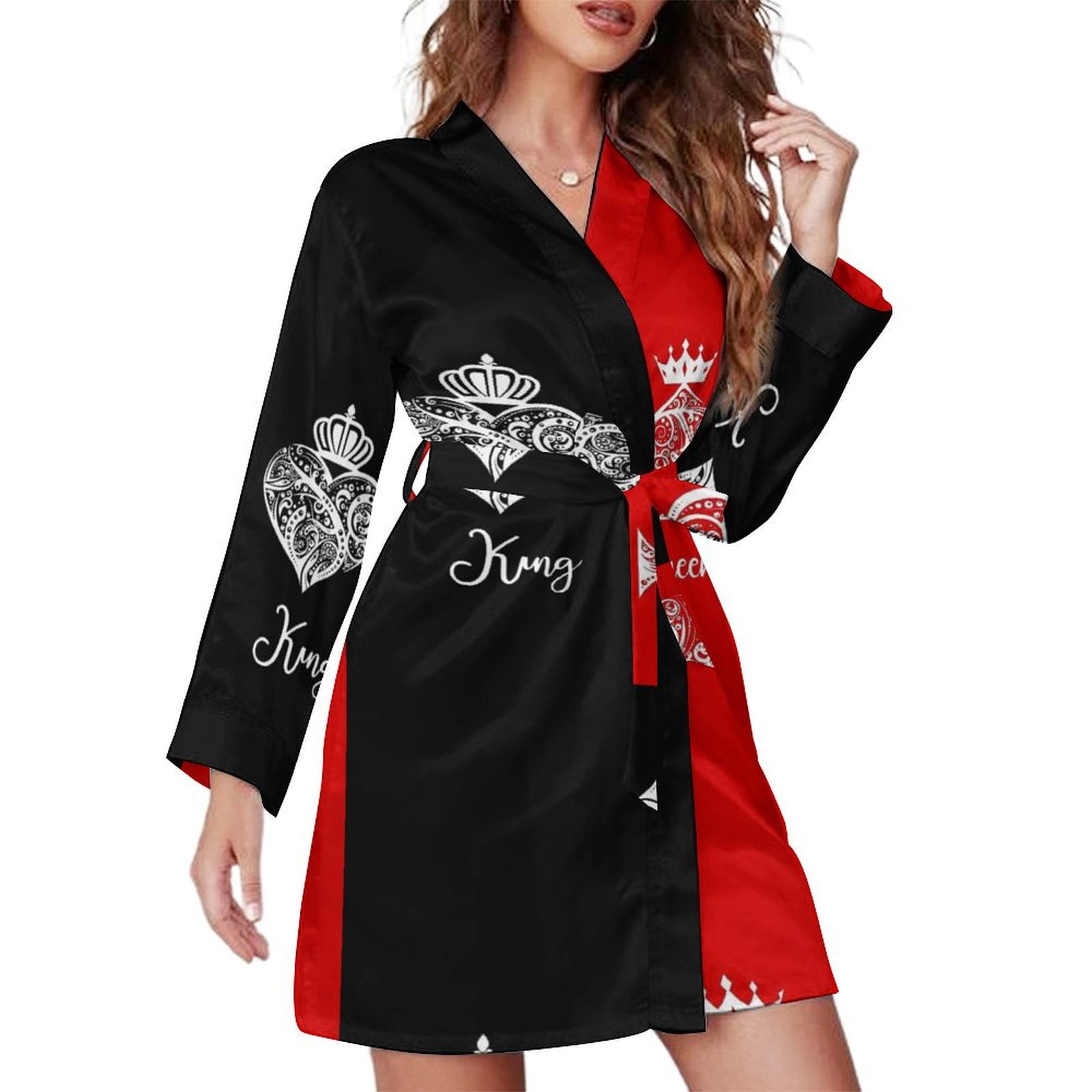 King And Queen Night Robe Long Sleeve V Neck Robe With Belt Women's ...