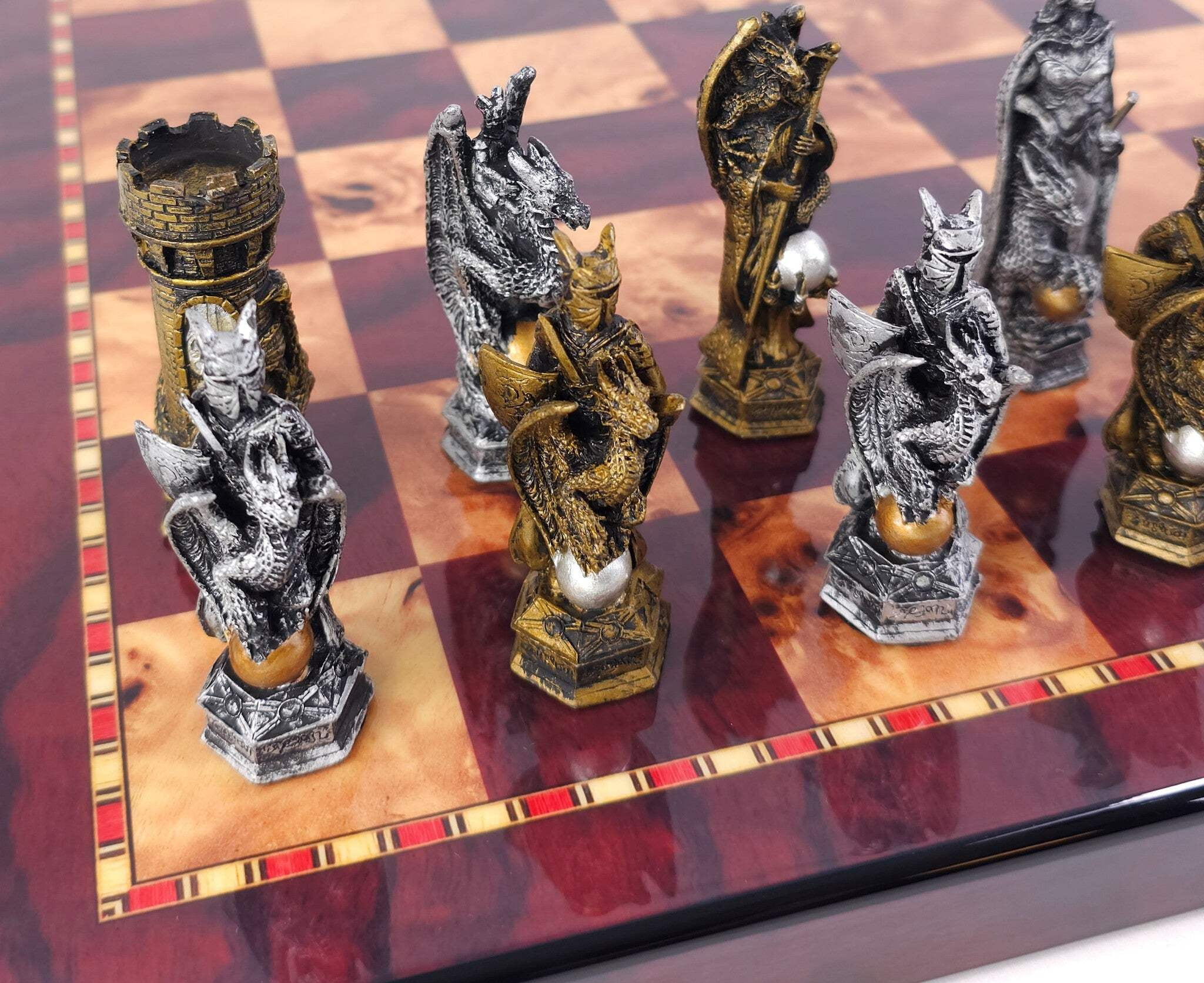 King Arthur Dragon Medieval Times Chess Men Set with 18" Cherry Color ...