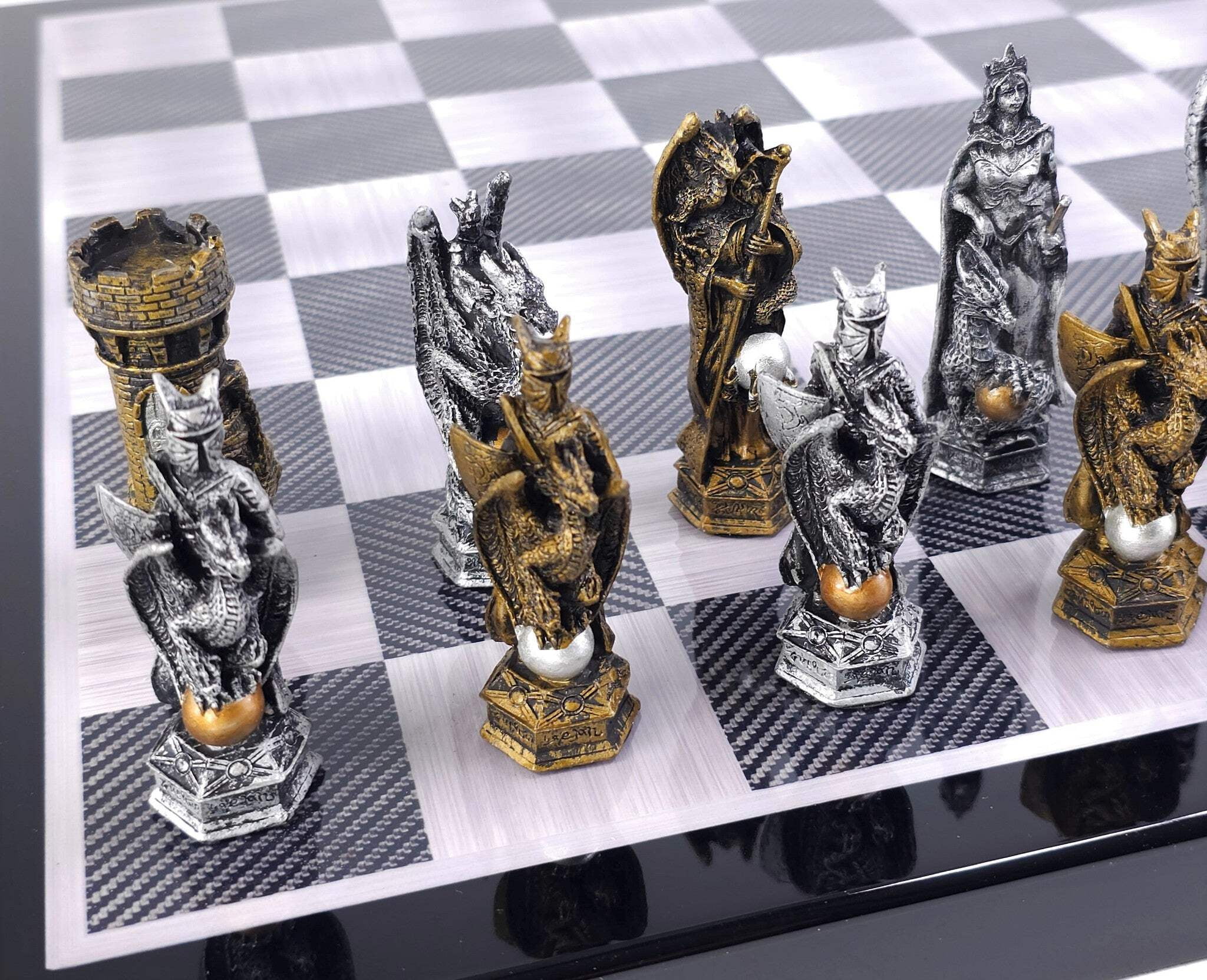 King Arthur Dragon Medieval Times Chess Set 18" Black Carbon Fiber ...