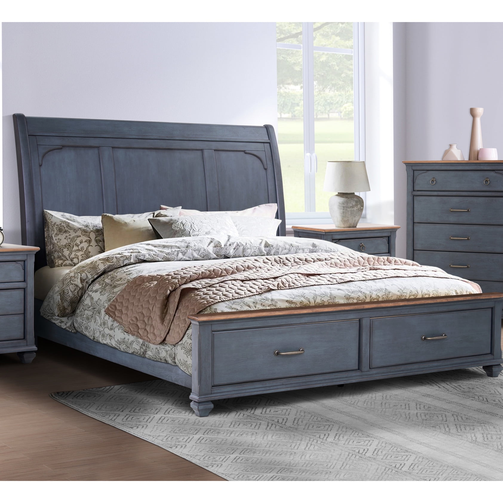King Bed, 80" Deep, Corduroy Blue Finish | Traditional Style, Pewter ...