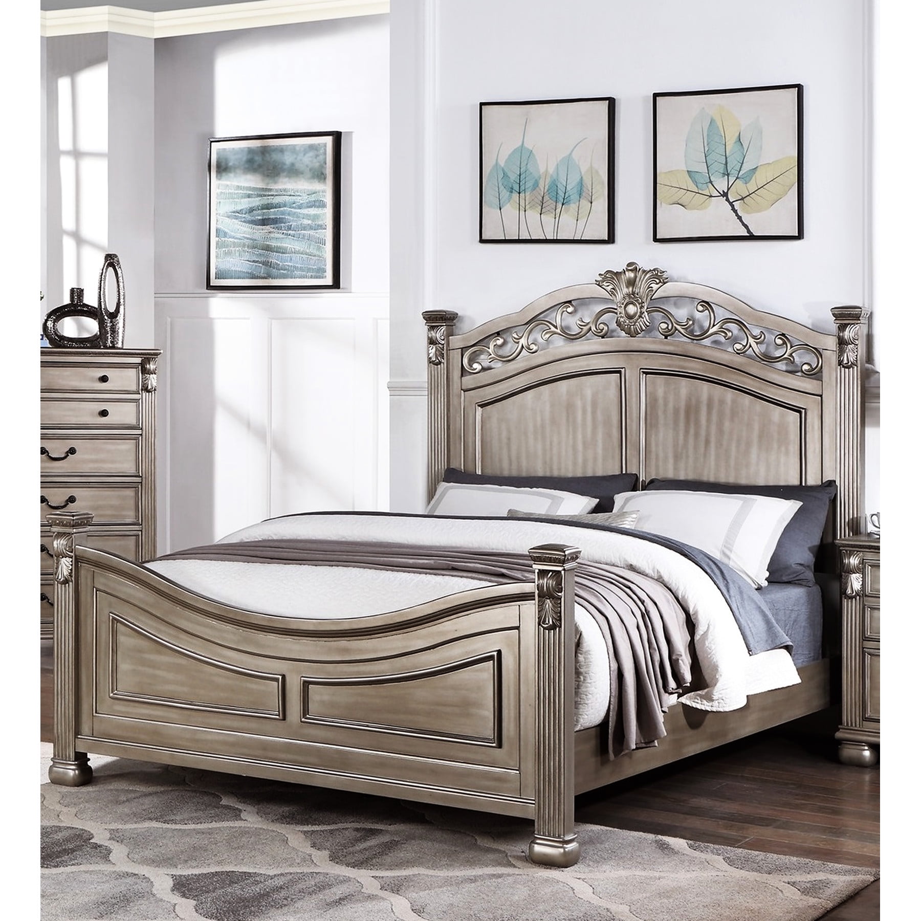 King Bed, Antique Champagne, Traditional Molding Style Bedframe King, Silver With Crafted ...