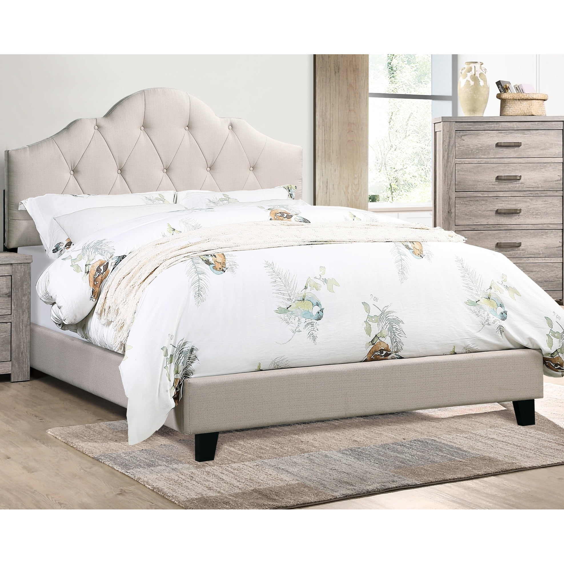 King Bed, Brown Upholstery, Arch Design Headboard, Bedroom Bed With ...