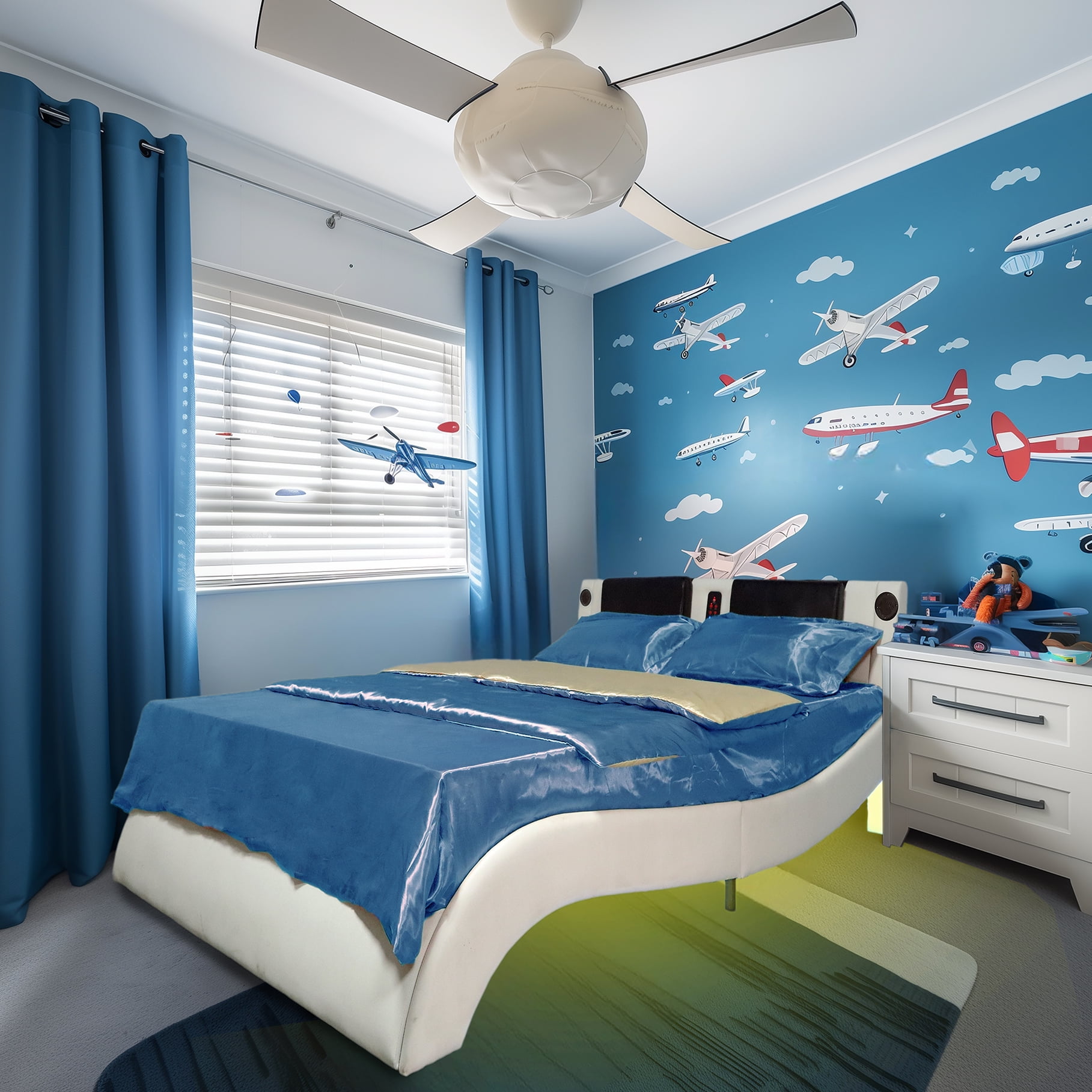 King Bed With Faux Leather Cover, Music Control & Vibration Feature Upholstered Platform For ...