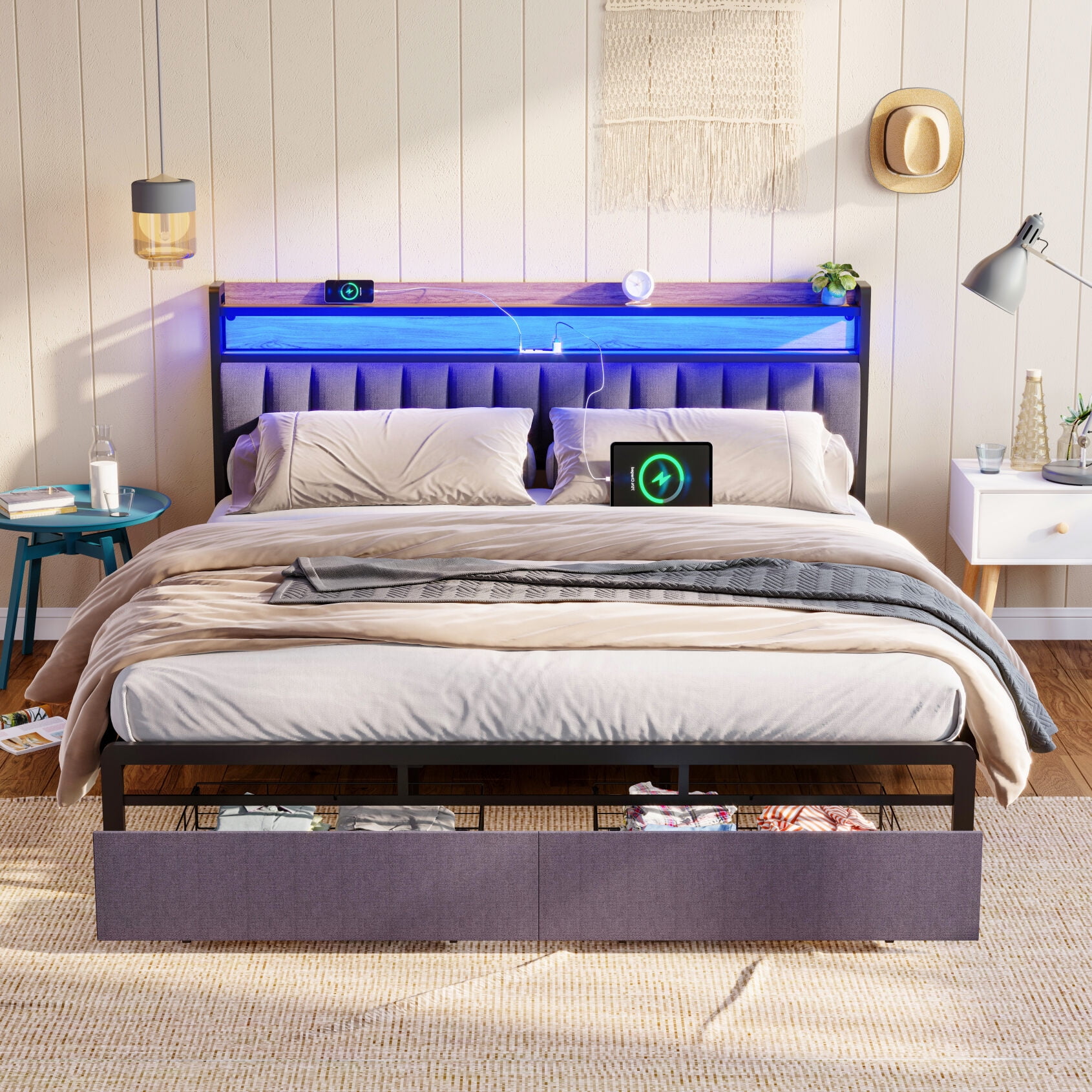 King Bed Frame with Charging Station and 2 Drawer, Upholstered Bed ...