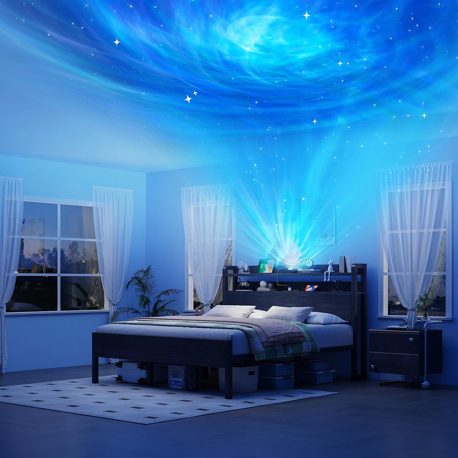 King Bed Frame with Galaxy Aurora Star Projector and Charging Station ...