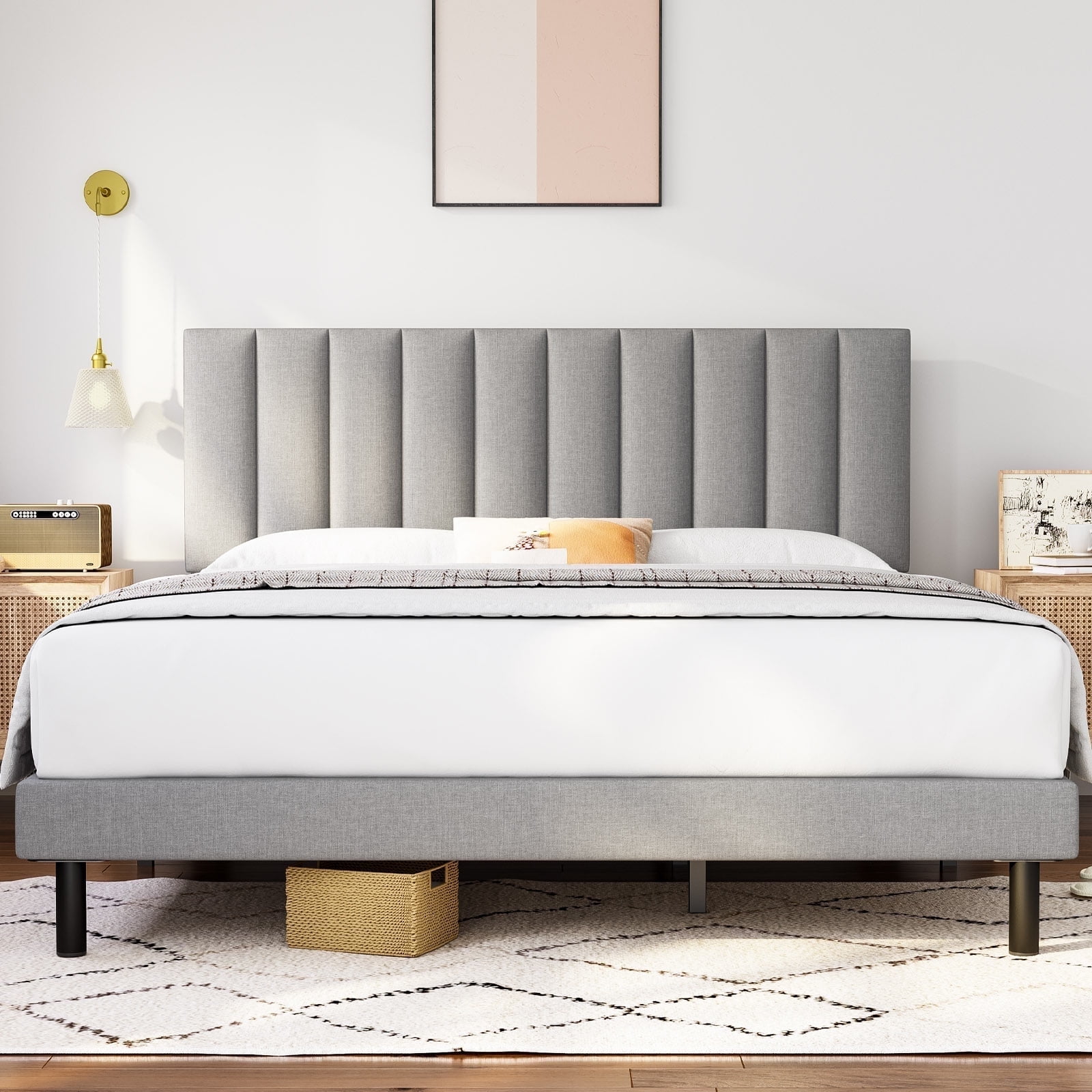 HAIIDE Upholstered King Bed Frame with Light Grey Fabric Headboard for ...
