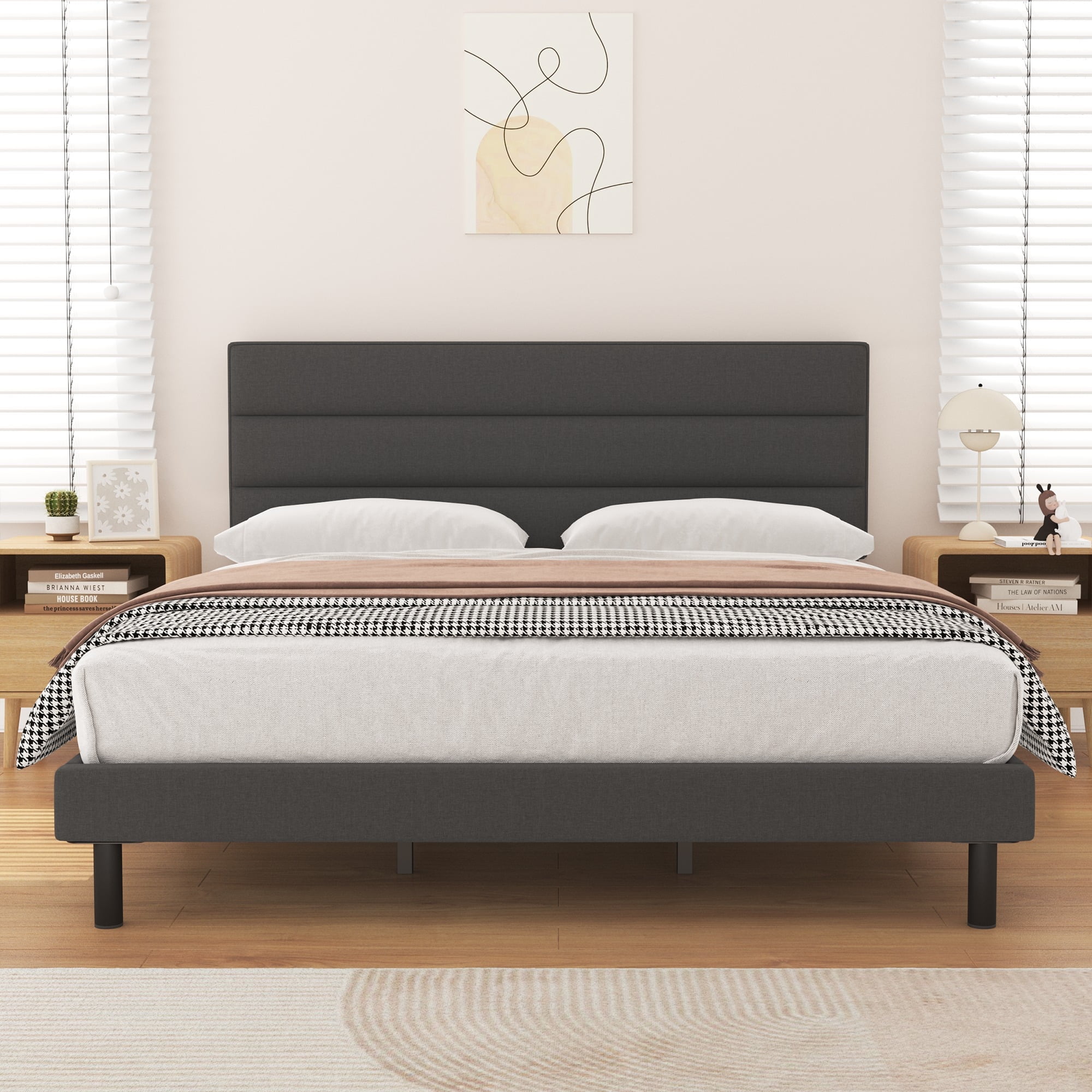 HAIIDE King Size Bed Frame with Upholstered Wingback Headboard, Dark ...