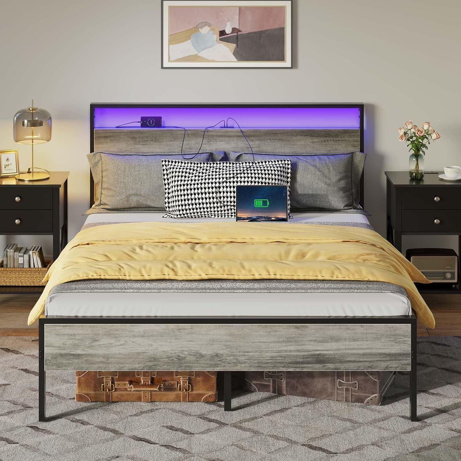 King Bed Frame with Headboard, Bed Frame King with LED Lights, Camas ...