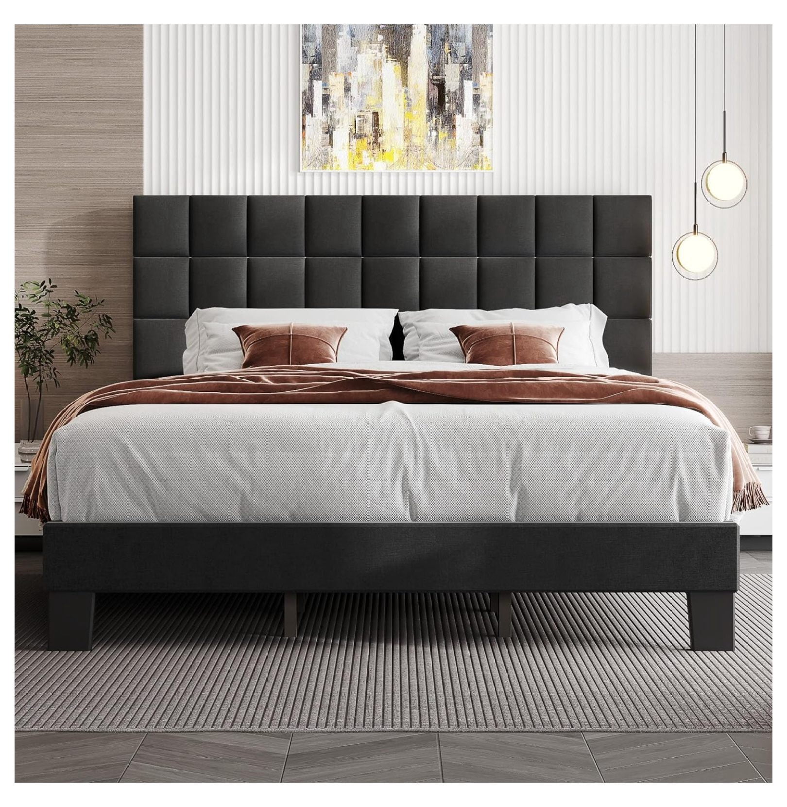 King Bed Frame with Headboard Upholstered Bed Frame with Linen Tufted ...
