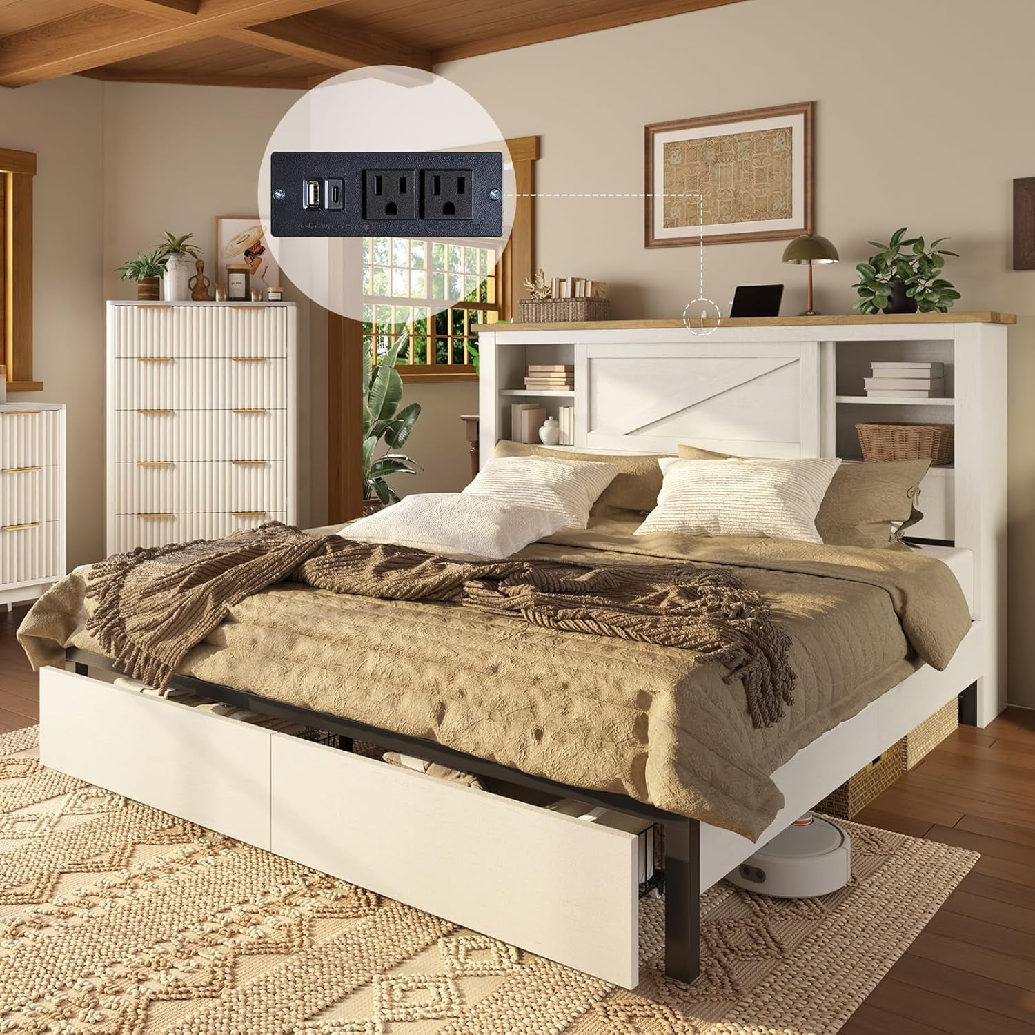 King Bed Frame with Hidden Bookcase Headboard & Charging Station - 47.2 ...