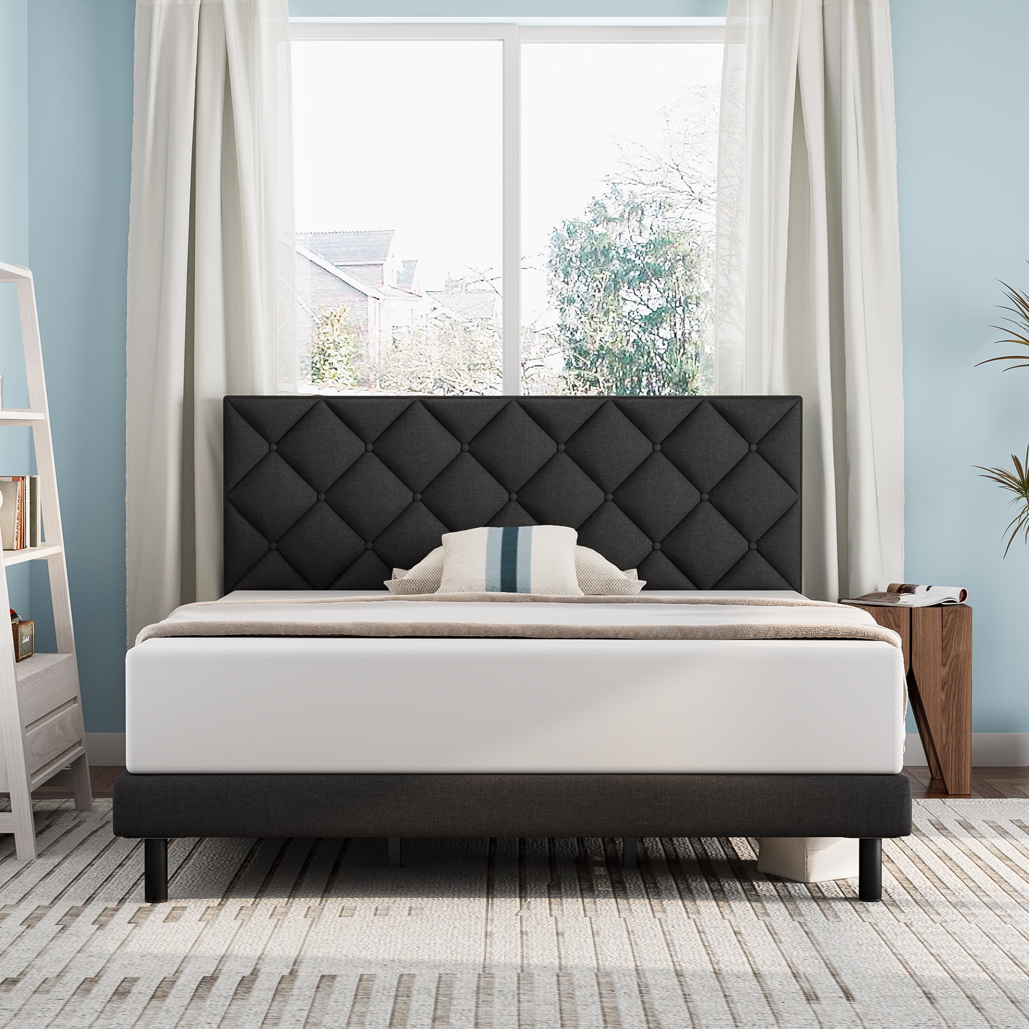 King Bed Frame, King Size Platform Bed with Wingback Headboard, Dark ...