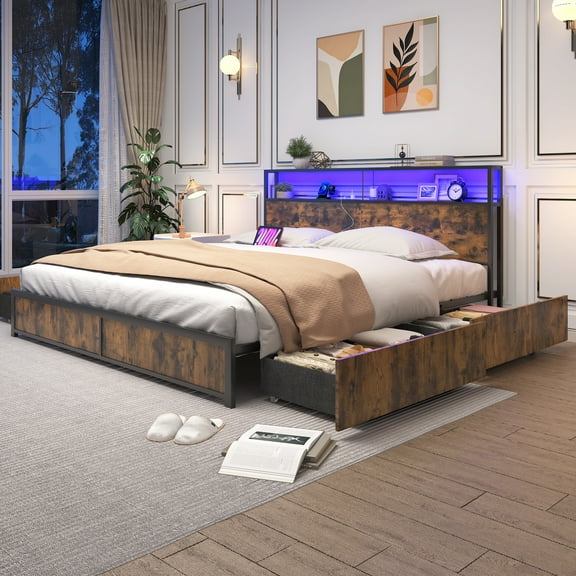 King Size Floating Bed Frame, Metal Platform, with LED Light and ...