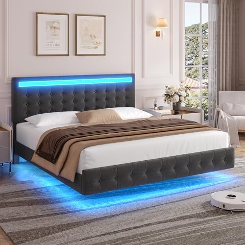 King Bed Frame with LED Lights Visual Floating Bed for Modern Space, Upholstered Fabric ...