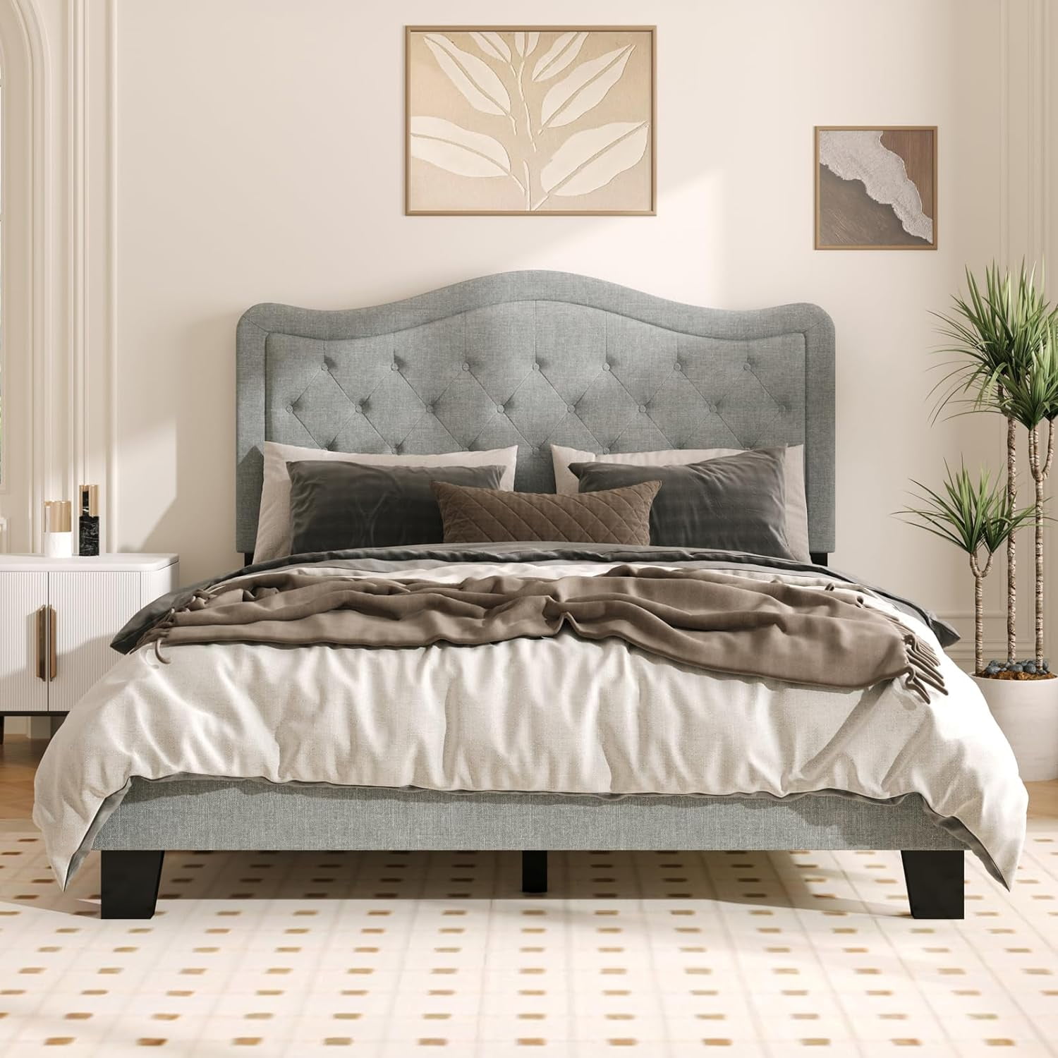 King Bed Frame, Modern Upholstered Bed Frame with Adjustable Tufted ...