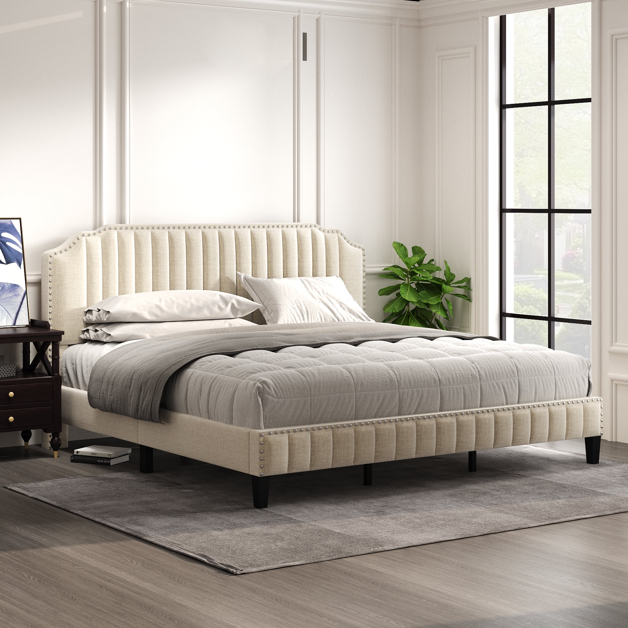 King Bed Frame No Box Spring Needed, Upholstered Platform Bed Frame ...