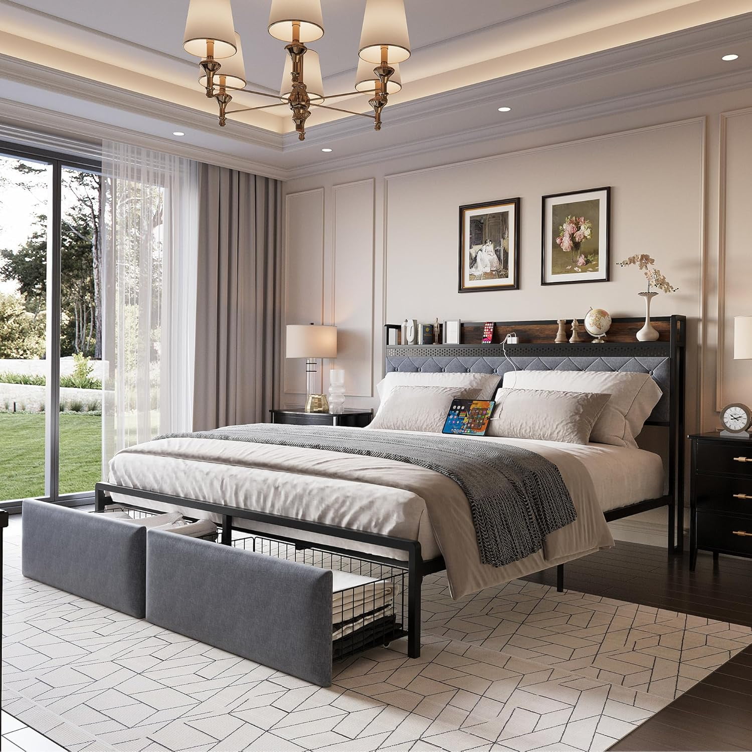 King Bed Frame with RGB LED Lights Headboard and 2 Storage Drawers ...