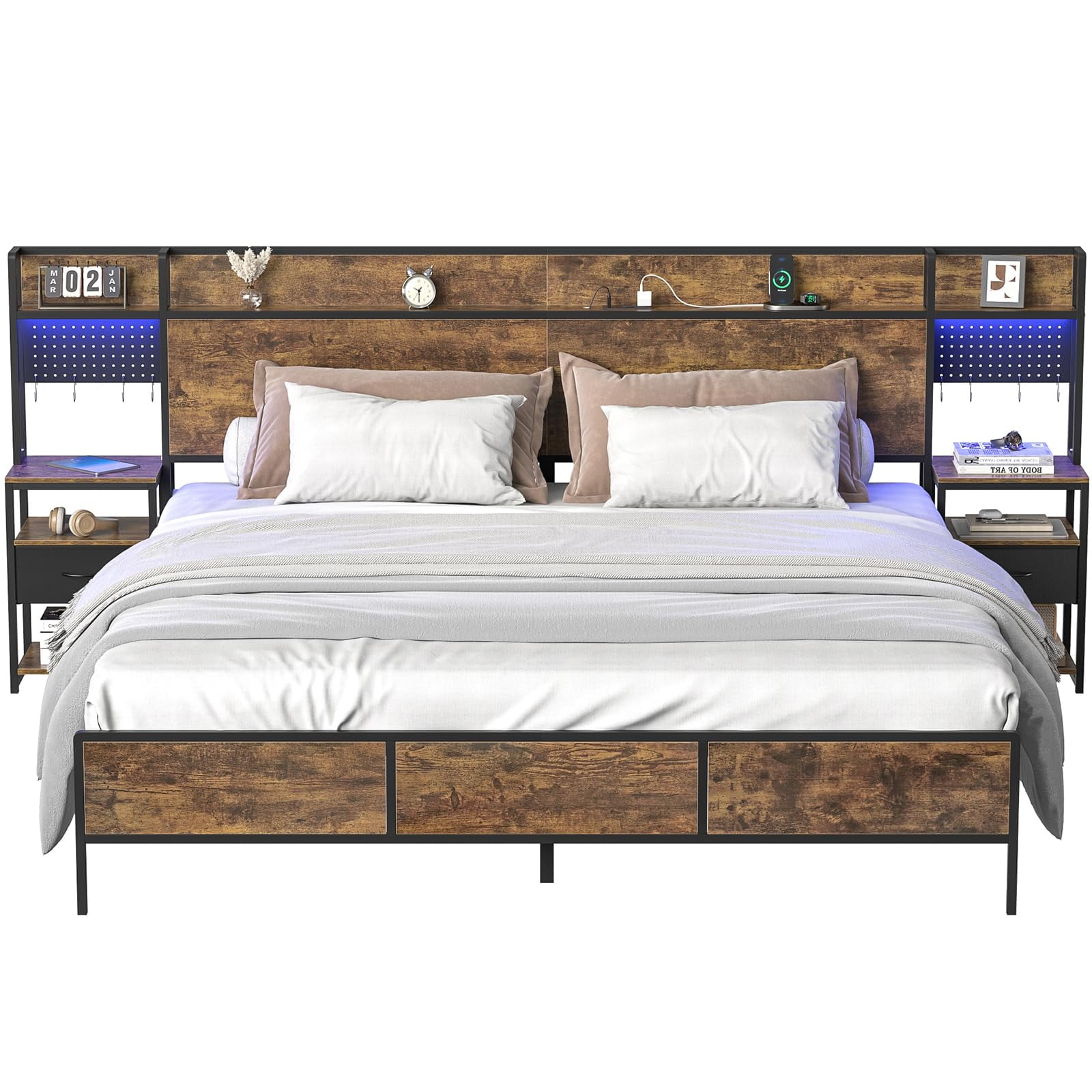 King Bed Frame with Set of 2 Bedside Tables with Canvas Drawers and ...