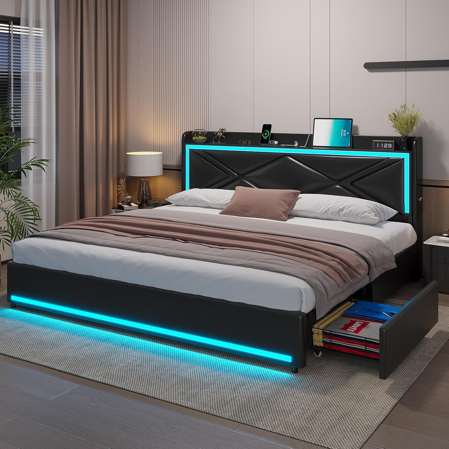 King Bed Frame with Storage Drawers and LED Lights, Pu Leather Platform Bed King Size with ...