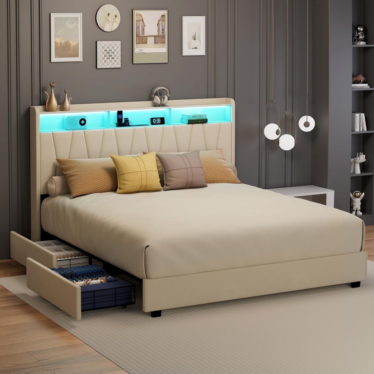 King Bed Frame, Velvet Upholstered LED Platform Bed with Headboard ...