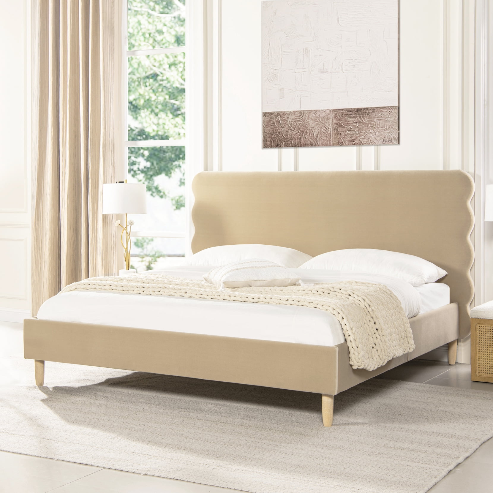 King Bed Frame, Velvet Upholstered Platform Bed with Wavy Headboard and ...