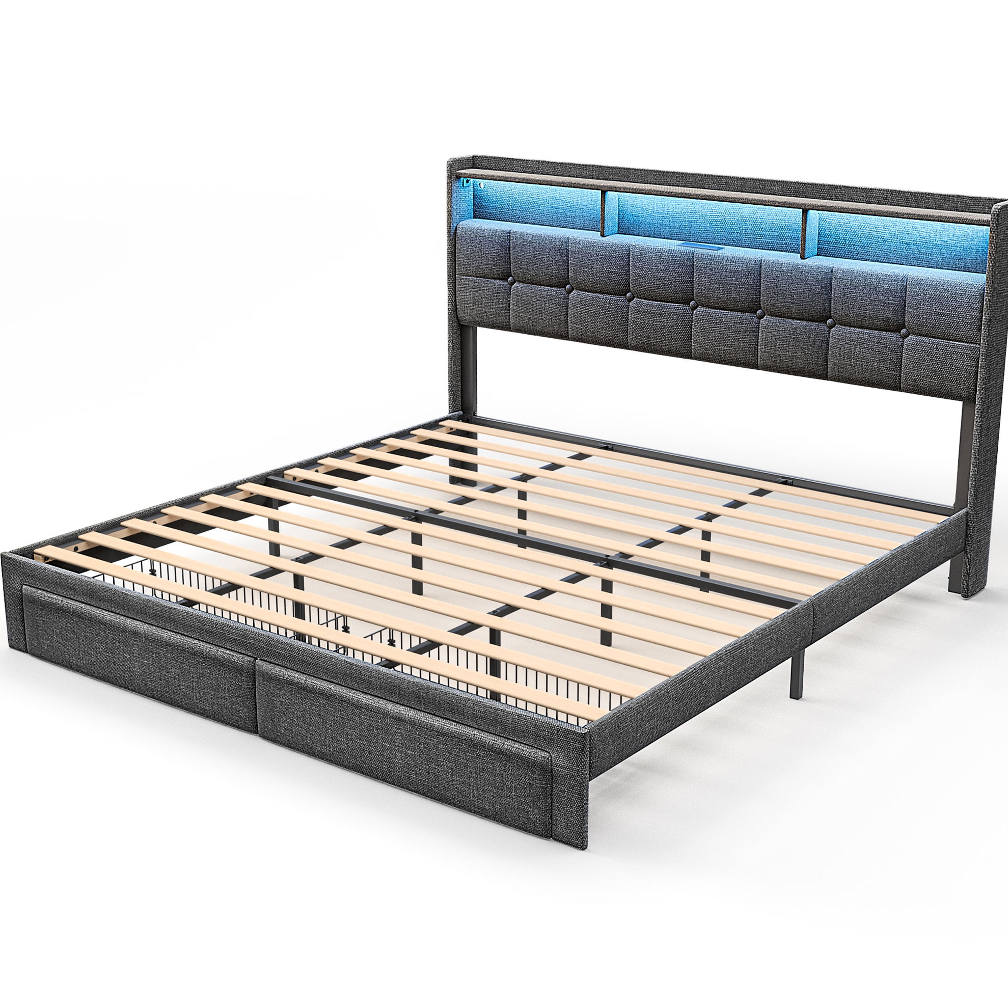 King Bed Frame With Led Enhancement, Charging Connection And Headboard ...