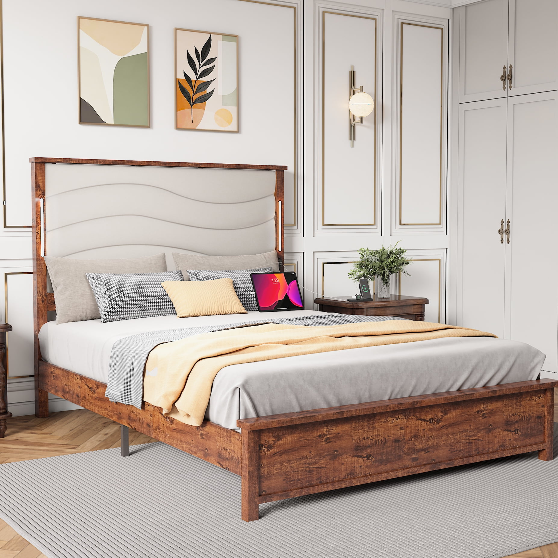 King Bed Frame With Upholstered Headboard, Led Lights, Charging Station ...