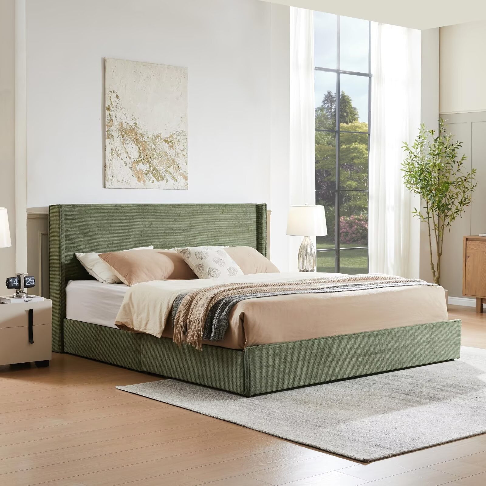 King Bed Frame and Upholstered Headboard, Platform Bed with Storage ...