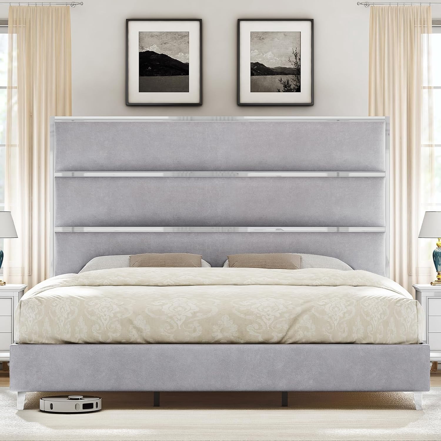 King Bed Frame with 59" Tall Headboard Velvet Platform Bed Upholstered ...