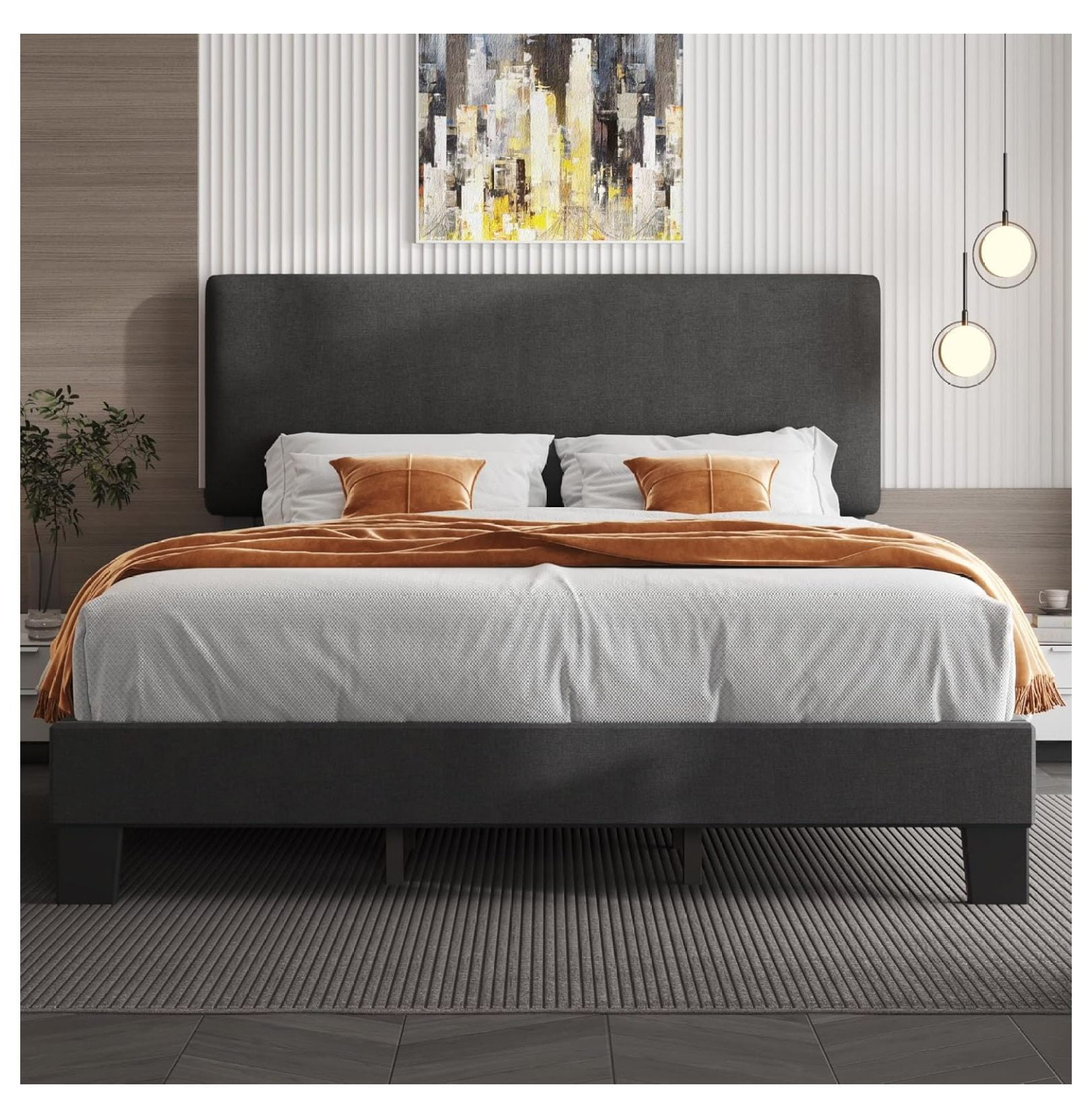 King Bed Frame with Headboard,Linen Upholstered Bed Frame with Wood ...