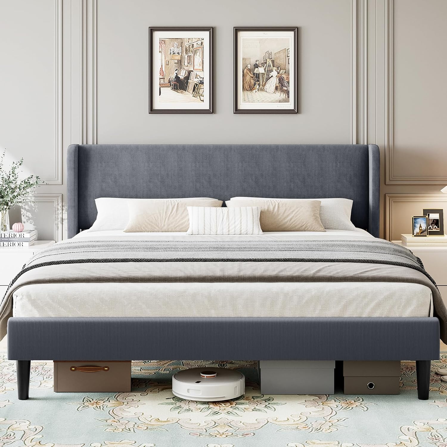 King Bed Frame with Headboard, Upholstered Bed Frame with Wood Slats ...
